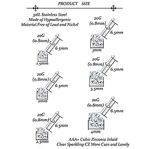 Vsnnsns 20G Nose Rings for Women Men 316L Surgical Stainless Steel L Shaped Nose Studs Screw Bone Opal Nose Rings Piercings 20 Gauge Nostril Piercing Nose Studs Jewelry Diamond CZ Silver for Women