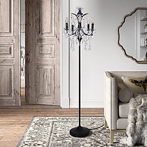 TOCHIC 5-Light Farmhouse Tranditional Crystal Floor Lamp, Black Craft Candelabra Lighting Fixture 65'' Tall for Living Room, Dining Room, Entryway, Bedroom