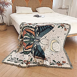 tiowik Butterfly Throw Woven Blanket with Tassel for Home Decoration Chair Couch Sofa Bed Beach Travel Picnic Cloth Tapestry Shawl Cozy Cotton (White 63×51 Inches)