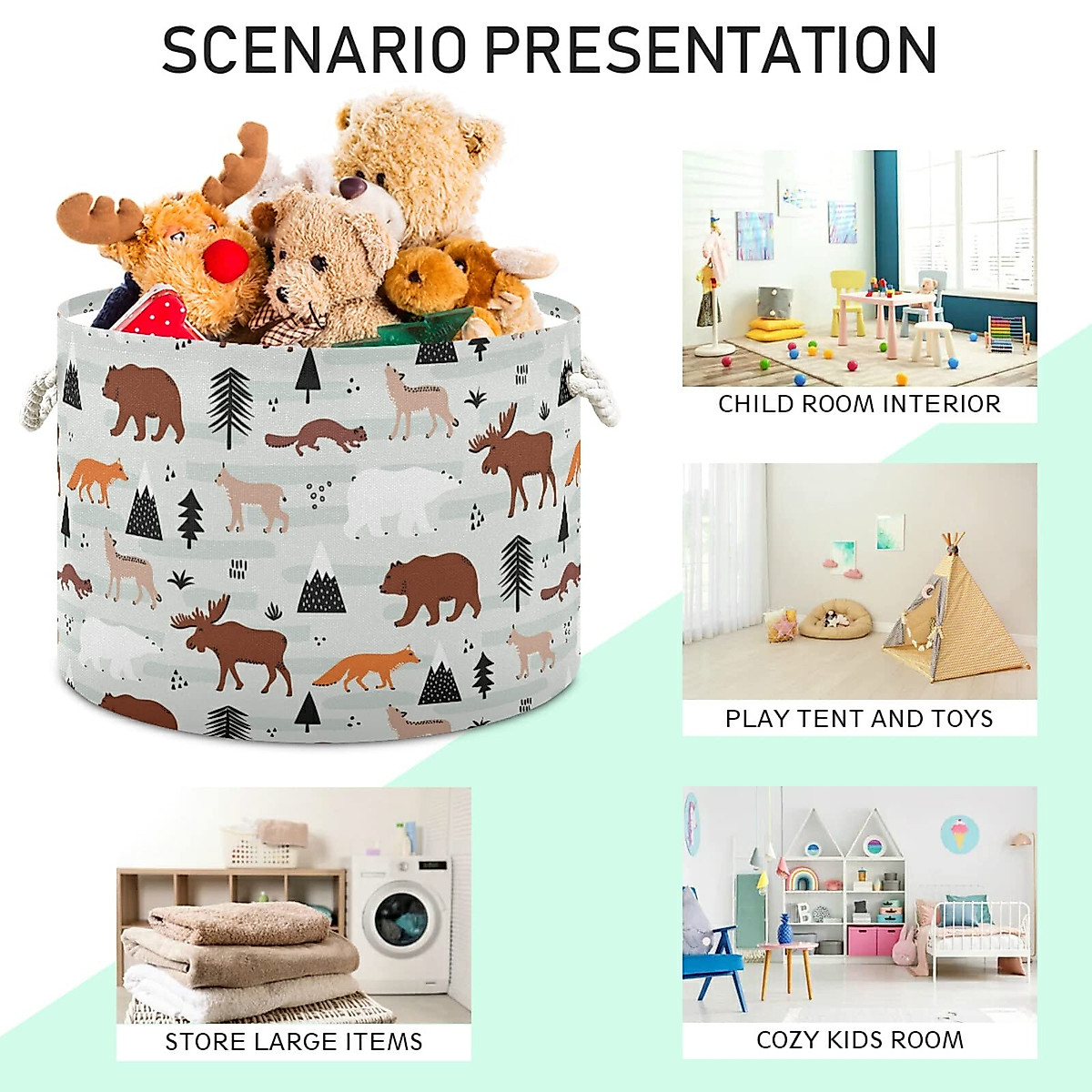Moose Bear Foxes Trees Wolf Squirrel Seamless Forest Fauna Animals Round Storage Basket Bin, Baby Nursery Organizer with Handles for Toys Clothes, Large Foldable Bucket Waterproof Laundry Hamper