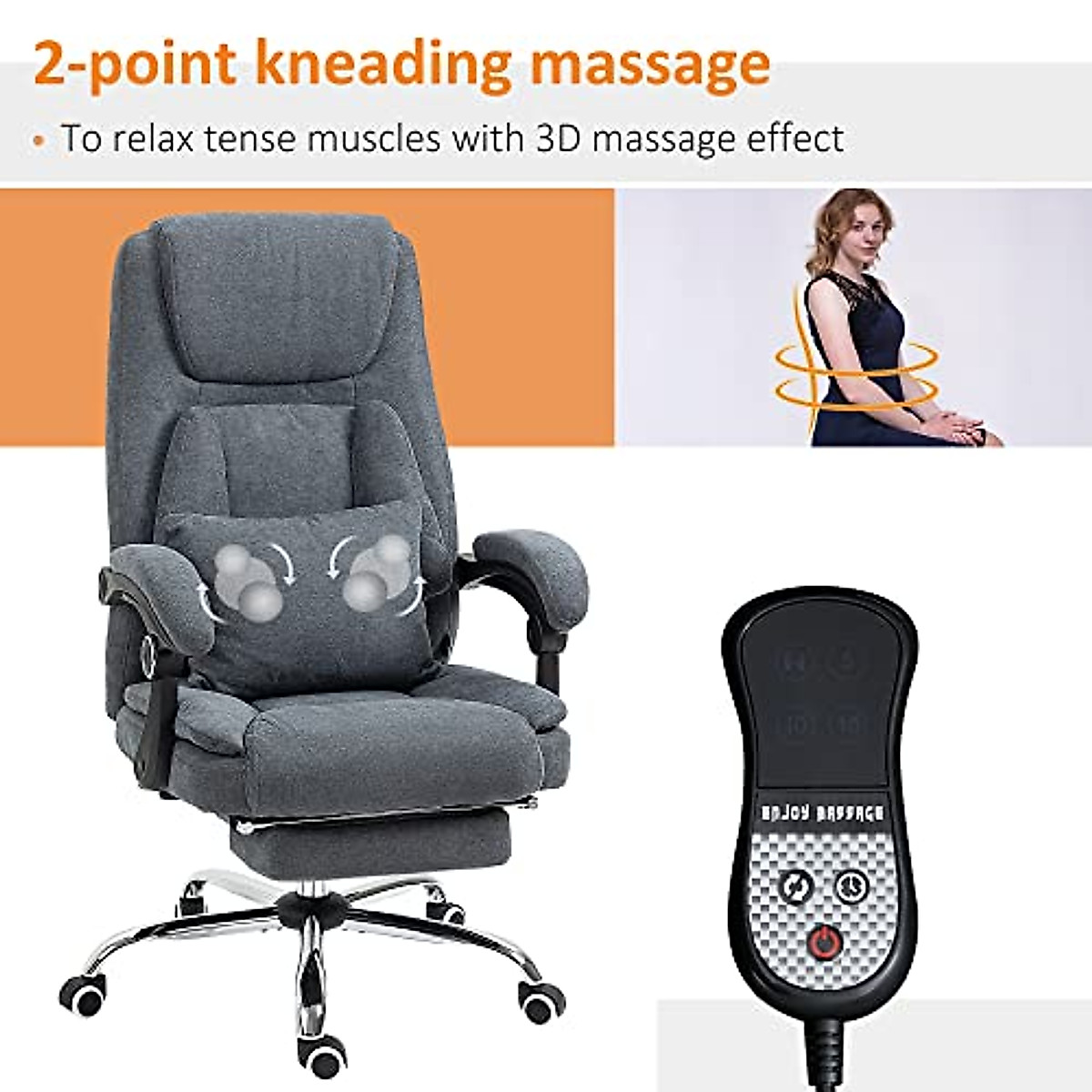 Vinsetto 3D Kneading Massage Office Chair with Reclining, Swivel Fabric Computer Chair with Footrest, Armrest, Gray