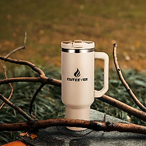 Cuteever Insulated Cup 40 oz Tumbler with Handle and Straw- Stainless Steel Water Bottle - Spill Proof Tumbler with Straw & Tumbler Accessories for Smoothie, Water, Iced Tea, or Coffee - Almond Color.