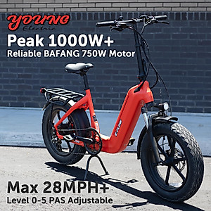 Young Electric Bike E-Flow 750W Peak 1000W Folding Ebike, Up to 90Mi 28MPH, 48V/20Ah Hidden Battery, 20''x4.0'' Fat Tire Step-Through Fast Cargo EBike for Adult, Commute Moutain E-Bike (Radio Orange)