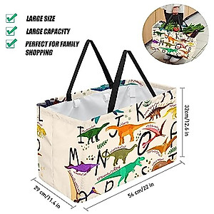 KQNZT Reusable Grocery Bags, Heavy Duty Reusable Shopping Bags, Large Tote Bags with Long Handles and Reinforced Bottom, Dinosaur Cartoon Alphabet