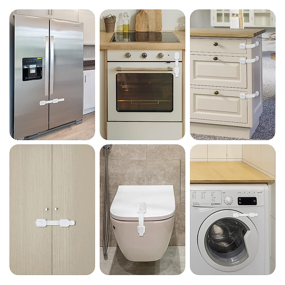 6 Pack Baby Safety Strap Locks Child Proof Locks with Adhesive Pads, Easy Installation, No Drilling, Adjustable Strap Latches for Drawers, Toilet, Fridge, Dishwasher (White)