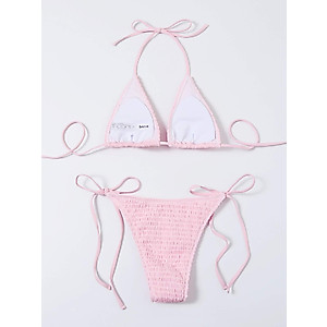 SweatyRocks Women's 2 Piece Triangle Bathing Suit Halter Top Tie Side Thong Bikini Swimsuits Pale Pink L