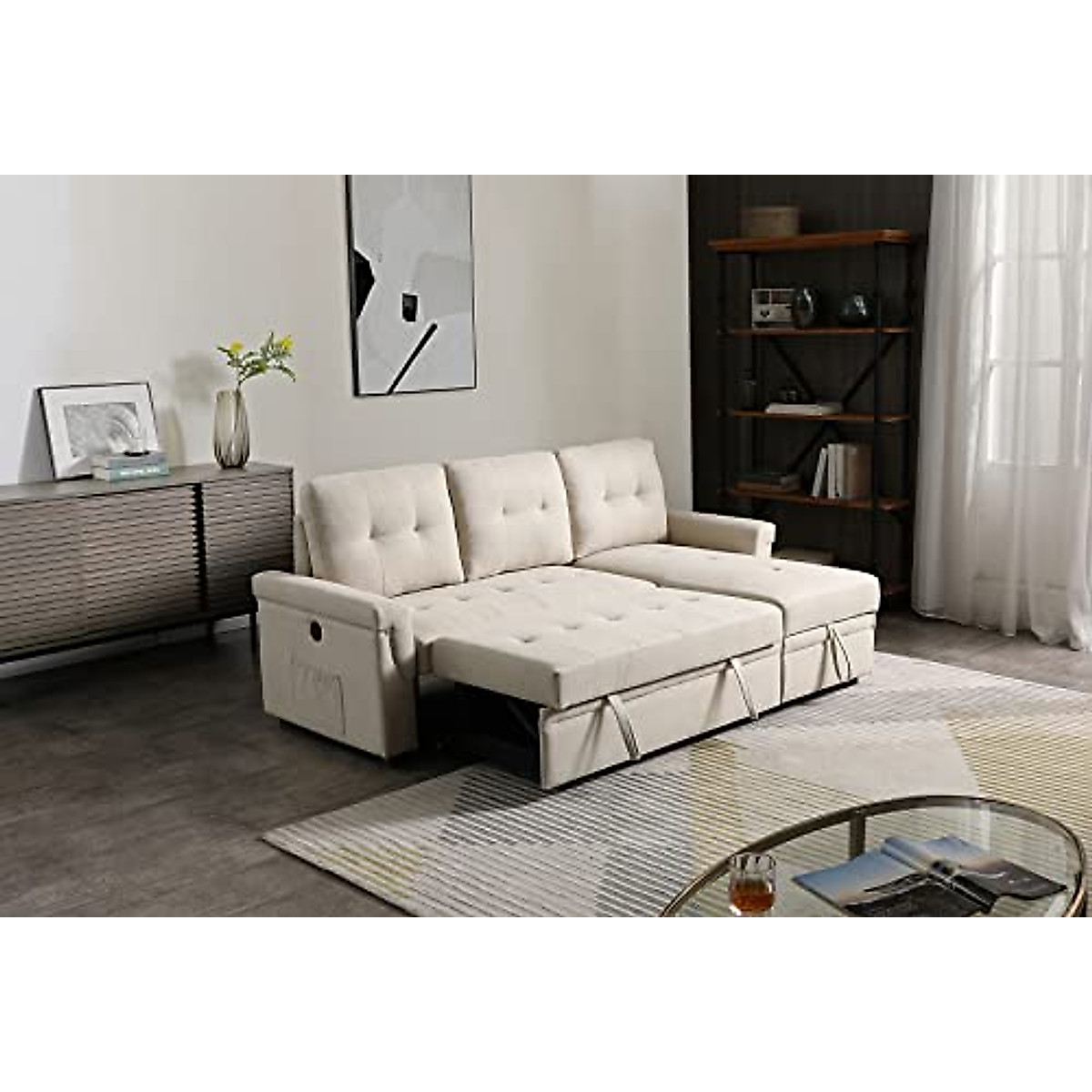 uhome Upholstered Sleeper Sofa with USB Ports sectional Couch Reversible Sofabed, Full XL, Beige