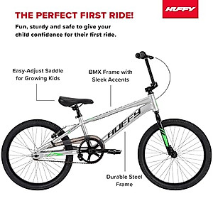 Huffy Axilus 20" Kid's BMX Bike, Beginner Level Rider, Ages 5+ Years Old, 3 Piece Steel Crank, 44/16 Gearing, Rugged and Durable, Strong and Lightweight for Speed and Handling, Matte Silver