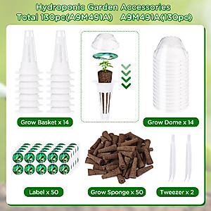 130pcs Seed Pod Kit for Aerogarden, Liquid Plant Food Hydroponic Pods Supplies Grow Cilantro Herbs Garden Pods Kit Indoor with 50 Grow Sponges,14 Grow Baskets, 50 Pod Labels, 14 Grow Domes, 2 Tweezers