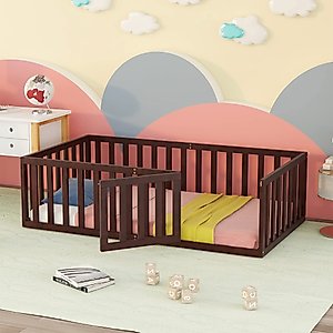 Merax Twin Size Wood Floor Bed Frame with Fence and Door (Walnut)