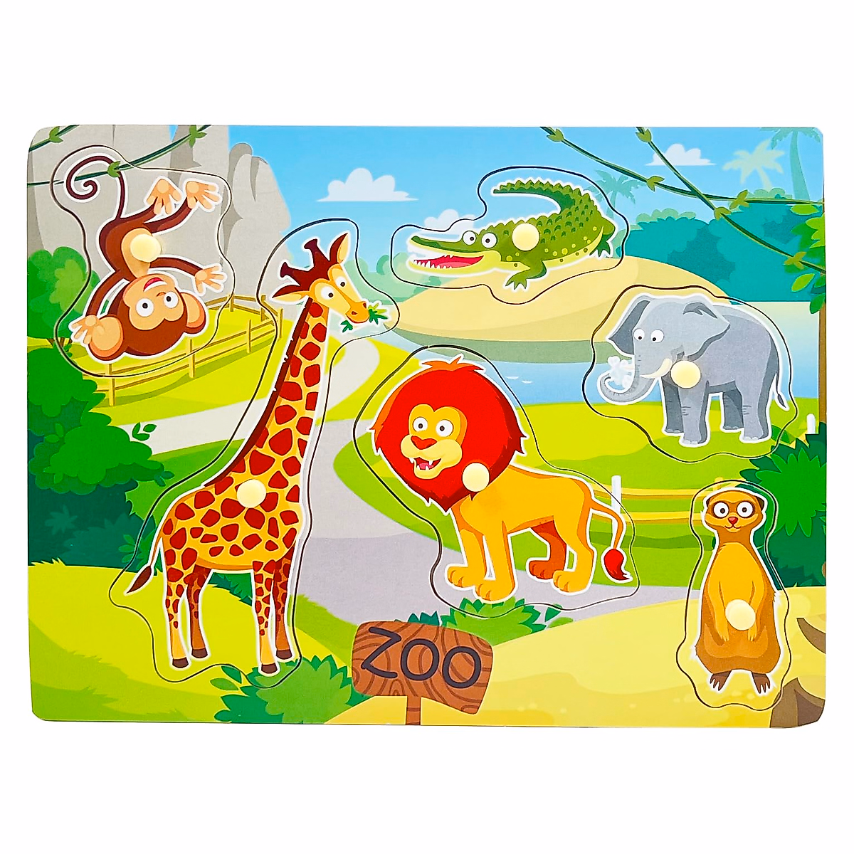 Wooden Peg Baby Puzzles, Full-Color Pictures Animal Shape Chunky Puzzle, Jumbo Knob Zoo Puzzle for Toddlers 18 Months and Up, 6Pieces
