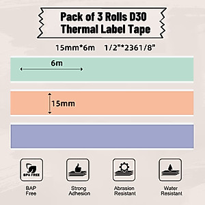 D30 Label Maker with Continuous Label Tapes - 3 Rolls Black on Green, Purple, Orange Tape, Bluetooth Label Maker, Portable Smart Phone Handheld Sticker Mini Labeler Inkless Rechargeable, BPA-Free