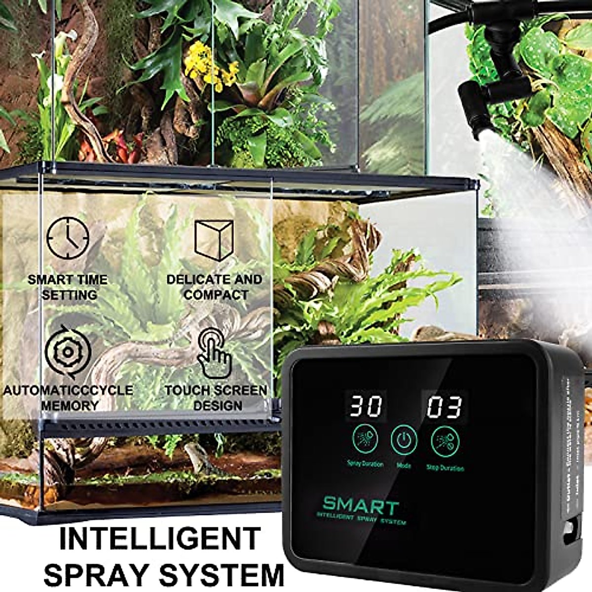 Reptile Fogger Automatic Reptile Mister Fogger for Terrarium, Reptile Humidifiers with Timer Amphibians Intelligent Humidifier with 360°Adjustable Misting Nozzles for Chameleon/Lizard/Snake/Turtle etc
