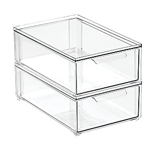mDesign Plastic Stackable Bathroom Storage Organizer Bin with Pull Out Drawer for Cabinet, Vanity, Shelf, Cupboard, Cabinet, or Closet Organization - Lumiere Collection - 2 Pack - (Clear, 8 x 12 x 4)