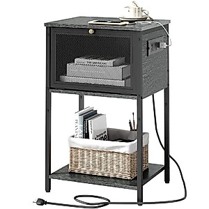 NONGSHIM Nightstand with Charging Station and USB Ports, Night Stand with Flip Drawer and Open Storage Shelf,Bedside Table for Small Spaces,Side End Table for Bedroom,Living Room-Grey