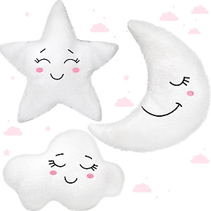 Queekay Cloud Rainbow Sun Moon Star Shaped Pillow 3 Pcs Nursery Stuffed Throw Pillows Kids Cute Cushion Children Soft Plush Pillow for Baby Room Reading Nook Decorations Gift(Moon, Star, Cloud)