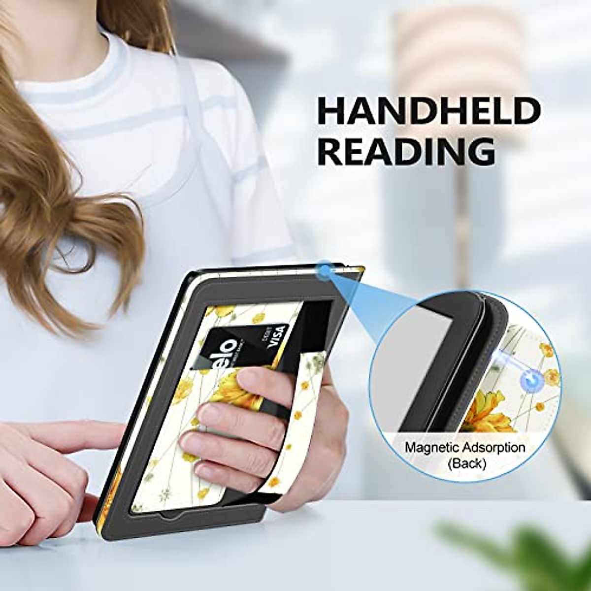 Ayotu Stand Case for 6" All-New Kindle 11th Generation 2022 Release, Premium PU Leather Cover with Hand Strap, Auto Sleep/Wake and Back Cover Adsorption, Only for Basic Kindle 2022, Yellow Flowers