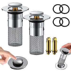 Bathroom Sink Stopper and Hair Catcher 2PCS 304 Stainless Steel Pop-Up Sink Drain Strainer with Removable Stainless Steel Filter Basket Hair Catcher for 1.1''-1.3'' Drain