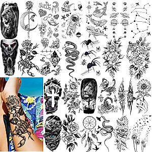 VANTATY 61 Sheets 3D Snake Flower Temporary Tattoos For Women Girls Neck Arm, 12 Sheets Realistic Floral Fake Tattoo Stickers Thigh, Waterproof Temp Transfer Tatoo Adults Rose Sunflower Butterfly