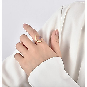 Crescent Moon Adjustable Open Band Ring for Women Girls 14K Gold Plated Statement Artificial Purple Crystal Stone Finger Rings Comfort Fit Fashion Birthday Wedding Valentine Jewelry Gift (Amethyst)