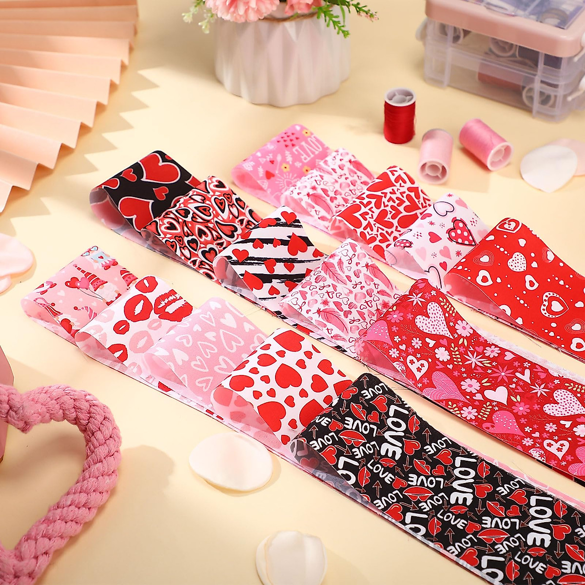 Buryeah 75 Pcs Valentine's Day Fabric Roll 2.5 Inch Red Heart Precut Fabric Quilting Strip Holiday Prints Fabric Bundle for Quilting Cloth Patchwork Sewing DIY Craft, 15 Styles