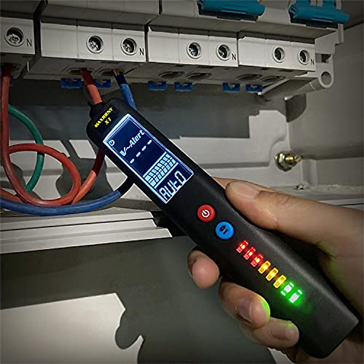 MAXRIENY Voltage Detector, EBTN LCD 3-Line Display Voltage Tester Pen with Adjustable Sensitivity, Non-Contact AC Electricity Sensor Socket Outlet Tester Live Wire Checker with Analog Bar