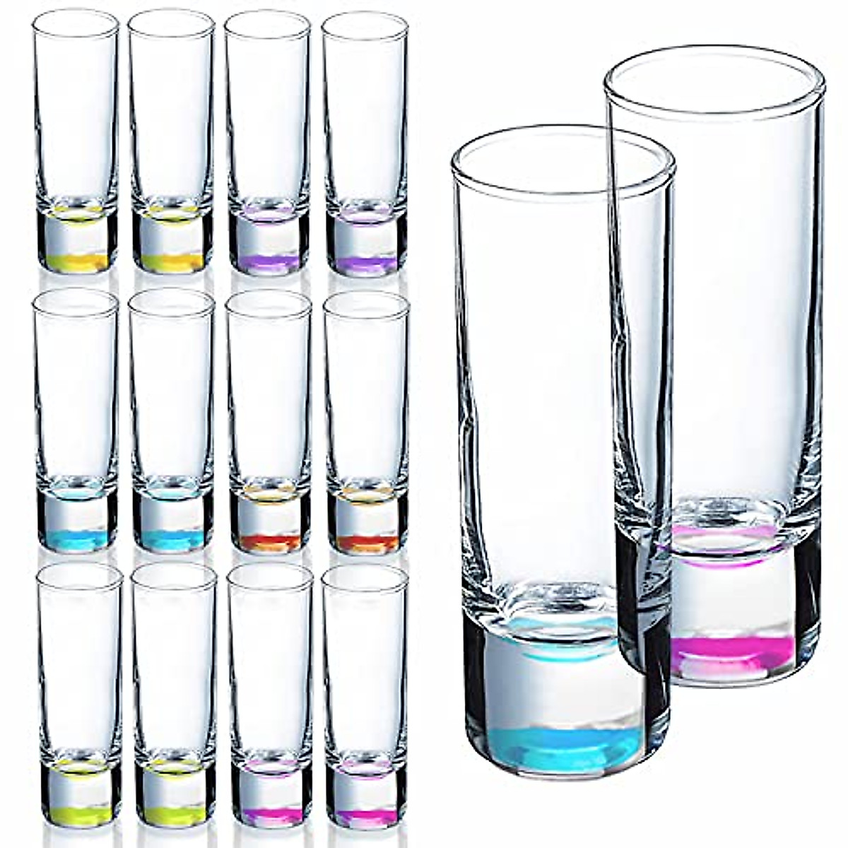 Vivimee 12 Pack Colored Shot Glass Set, 2 oz Heavy Base Tall Glass Set, Clear Shot Glasses Bulk, Tequila Cups Small Glass, Shot Glasses for Whiskey, Tequila, Vodka, Spirits & Liquors