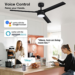 cumilo 60” Large Smart Ceiling Fans with LED Lights Remote,Indoor Outdoor Black Ceiling Fan Controlled by WIFI Alexa App,Quiet DC Motor,6-speed,Dimmable,Modern 3 Blades for Bedroom Living Room Patio