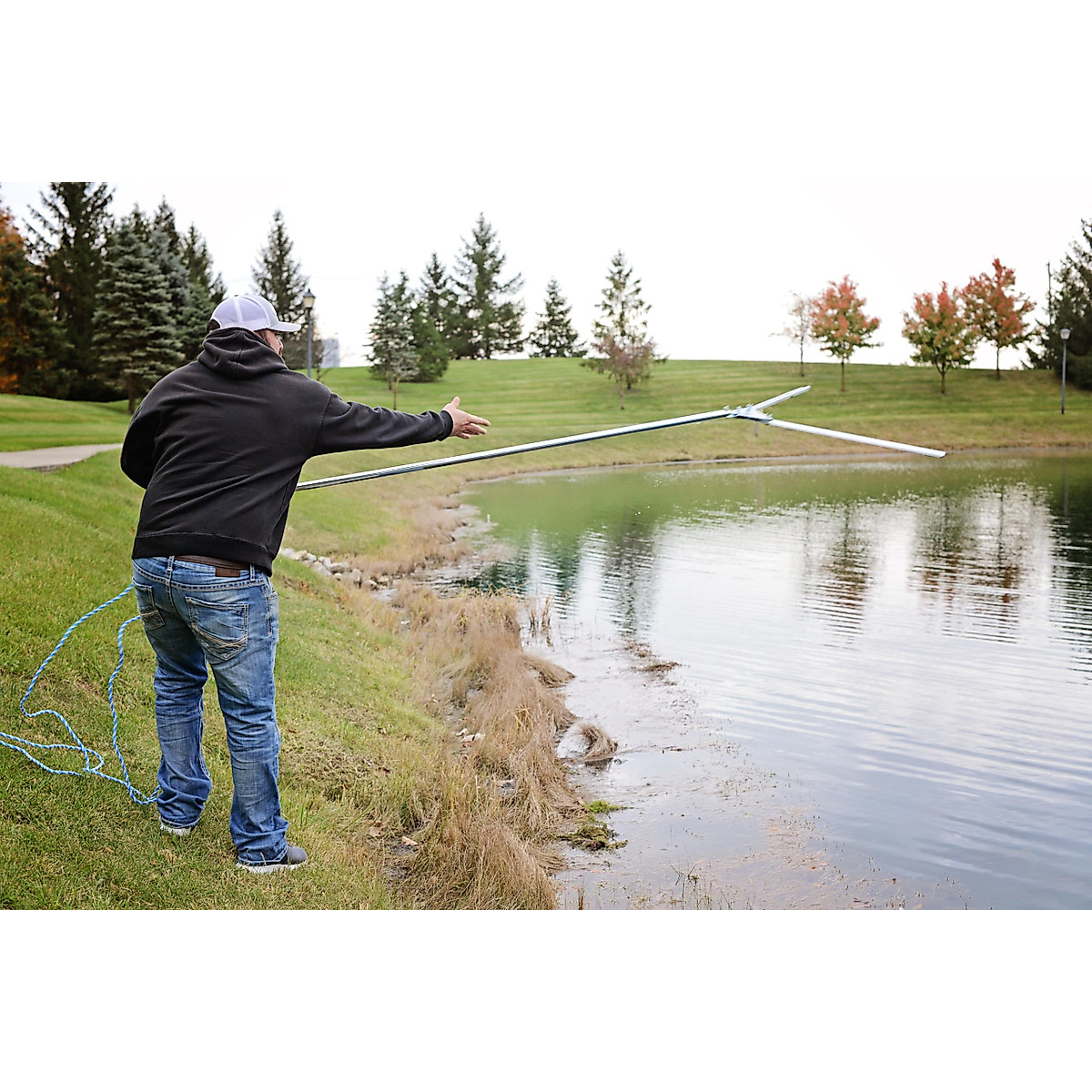Crystal Blue Pond & Lake Weed Cutter - 42 inch Wide Cutting Path, Includes 20 Foot Rope, Blade Sharpener & Safety Gloves - Remove Common Pond Weeds, Chara, Lilly Pads, Small Leaf & More