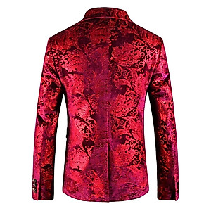 Men Luxury Floral Dress Suit Velvet Stylish Wedding Blazer Jacket 2 Button Jacquard Party Prom Sport Coat Tuxedo (Red,XX-Large)