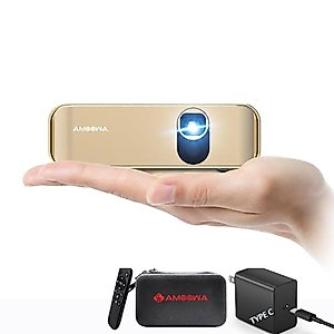 AMOOWA Mini Projector with WIFI and Bluetooth for iphone , 200ANSI DLP Mini Pocket Pico Projector - Built in Rechargeable Battery & Speaker, 1080P Support Portable Wireless LED DLP Movie & Video Gold