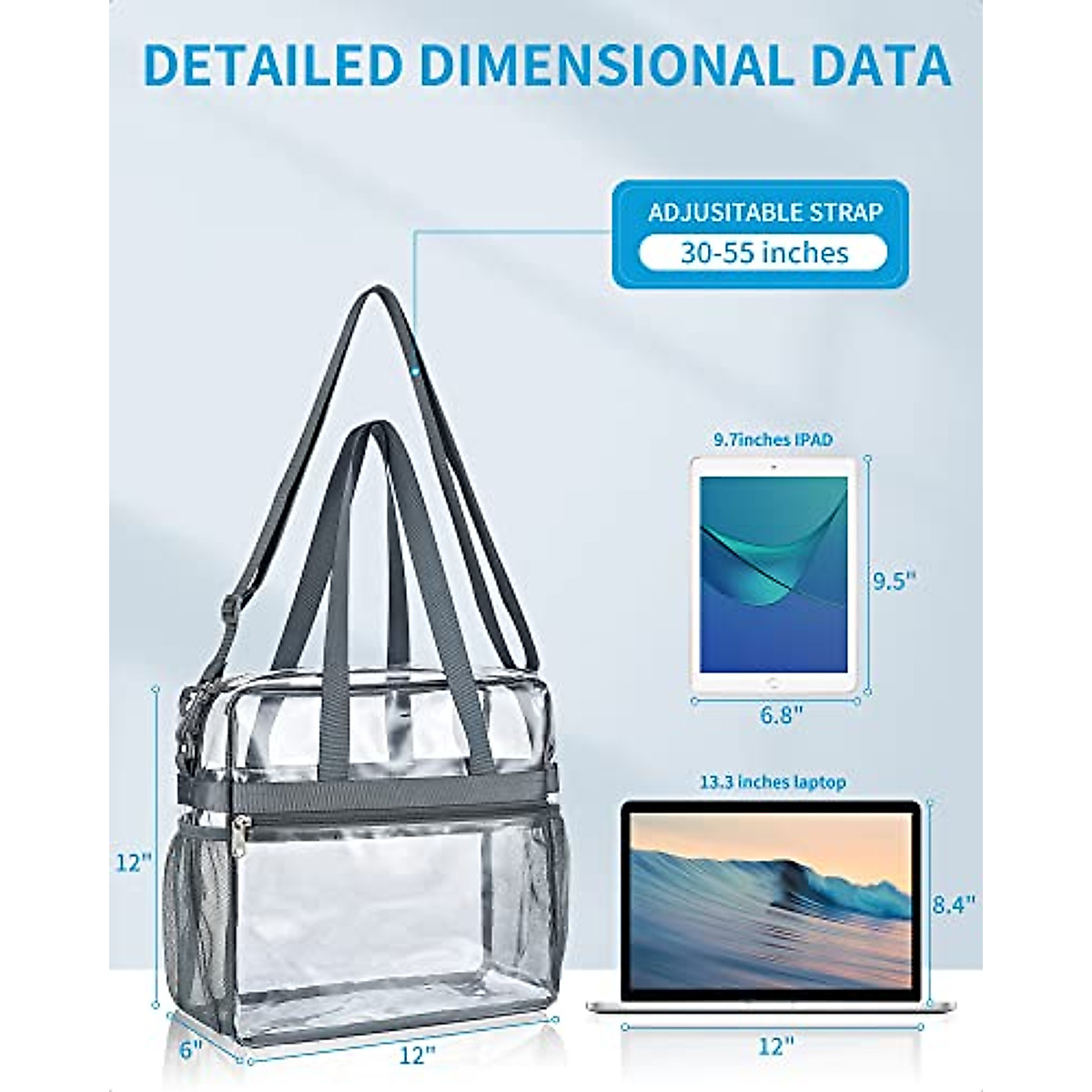 Paxiland Clear Bag Stadium Approved 12x6x12, Clear Stadium Bag for Women and Men, Clear Tote Bag Stadium Approved for Concert Work Festival Lunch, See Through Bag with Removable Straps - Grey