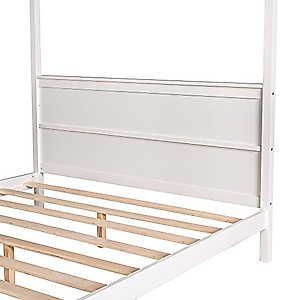 LCH Queen Size Wooden Platform Bed Frame with Headboard and Support Legs for Bedroom, White