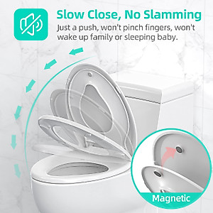 Elongated Toilet Seat with Built-in Potty Training Seat for Toddlers& Adults, Slow Close, Never Loosen, Heavy Duty, Ergonomic, Space Saving Toddler Toilet Seat(Elongated 18.5", Oval)