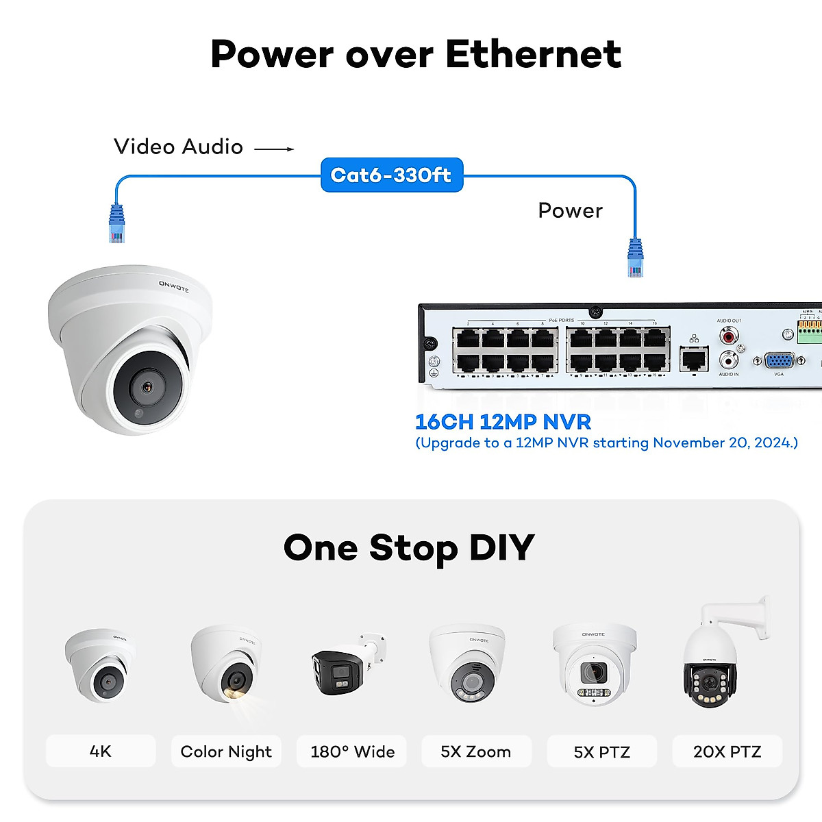ONWOTE 16 Channel 4K PoE Security Camera System, 12MP 16CH Commercial NVR 4TB, 16x 8MP 134° Outdoor IP Cameras with Audio, AI Detect Human Vehicle, 100ft 60ft Ethernet Cables, Wired CCTV for Business