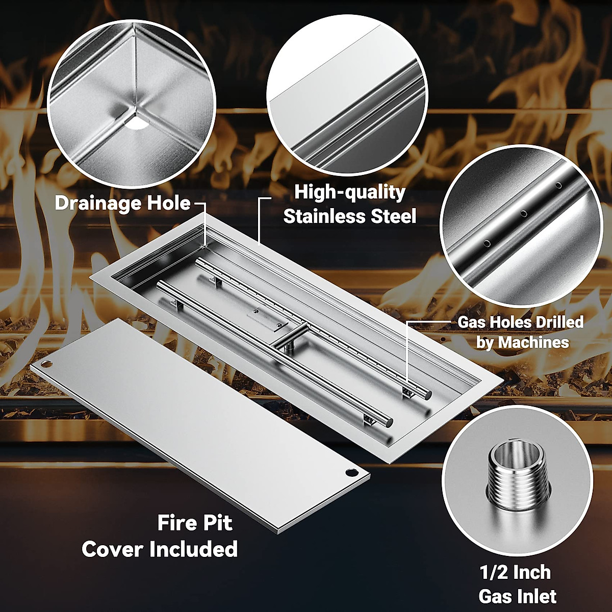 Skyflame 24 by 8 Inch Rectangular Stainless Steel Drop-in Fire Pit Pan and Burner with Burner Cove, Include Fire Pit Glass Wind Guard