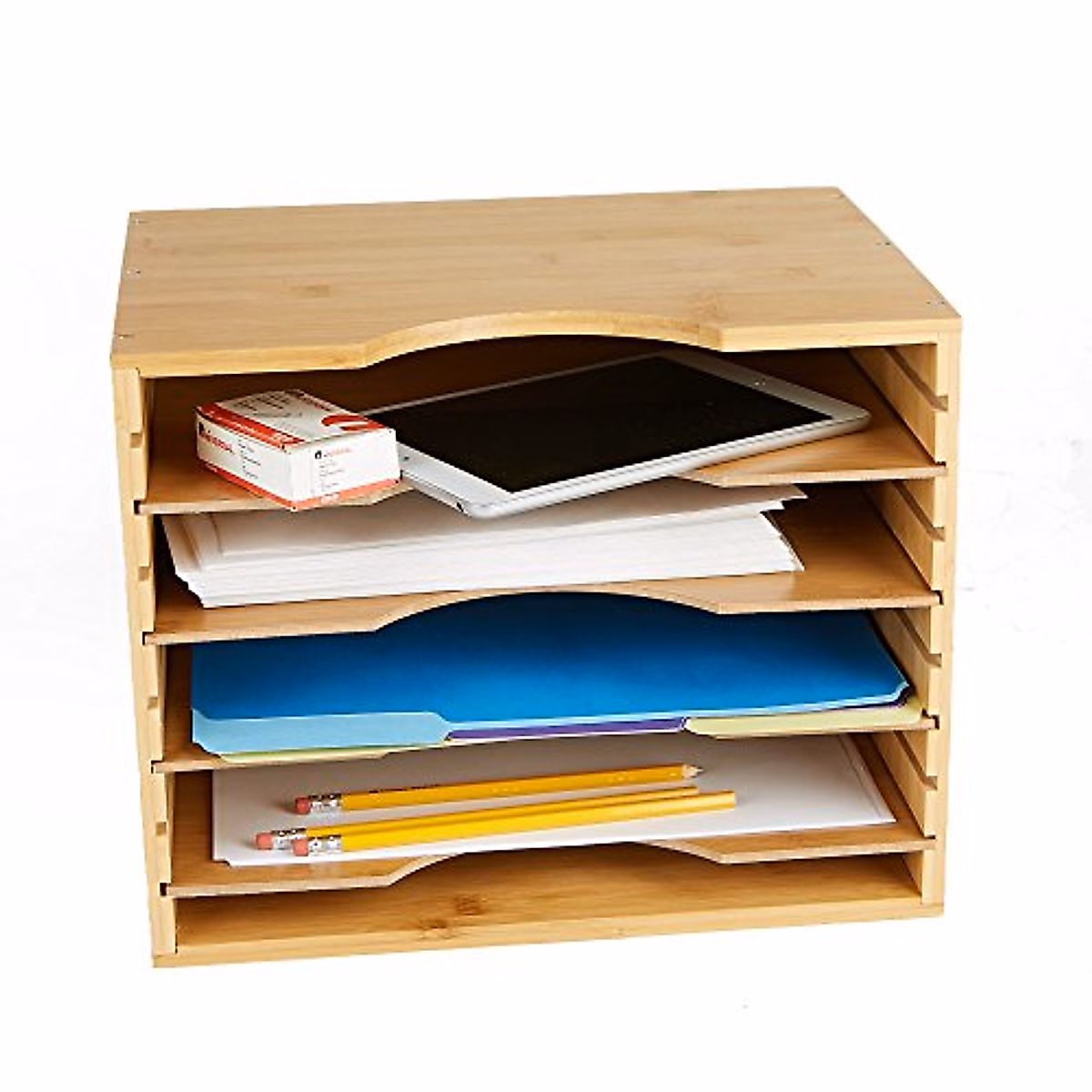 Mind Reader 4BMBOX-BRN 4 Tier File Organizer Box, Adjustable Shelves, Space-Saver, Home, Office, School, Study Room, Bamboo Brown