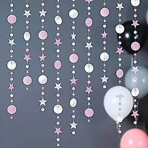 Glitter Star Circle Dot Garland, Twinkle Little Star Party Decoration Hanging Streamer Backdrop Banner, for Wedding Baby Shower Christmas Birthday Party Decor Supplies, 3 String Totle 39 Feet (Pink)