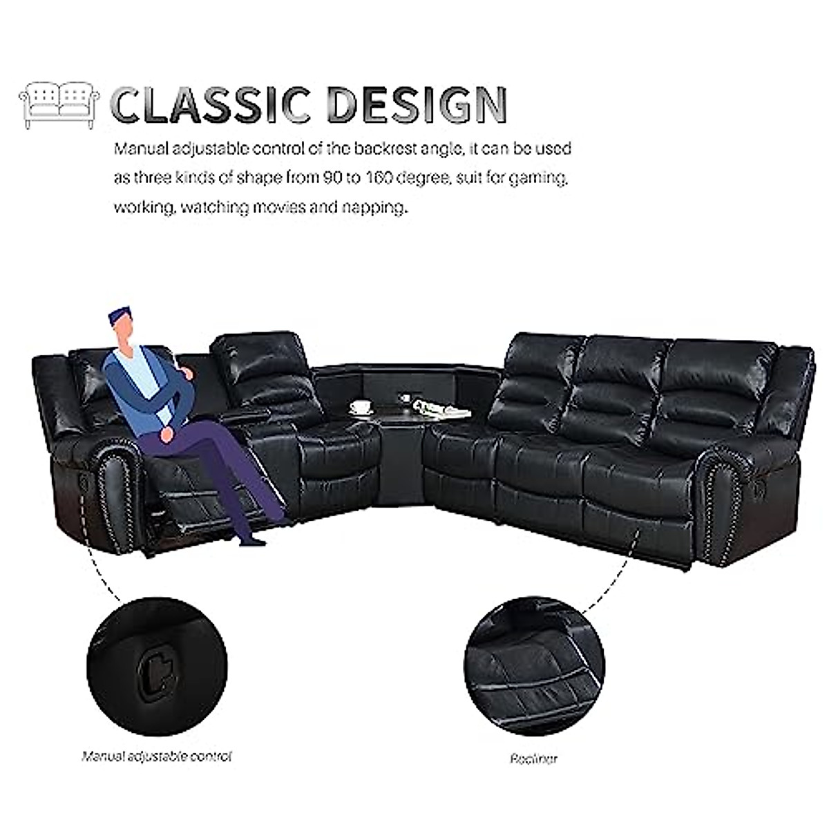 Nathaniel Home Leather Reclining Sectional, Black