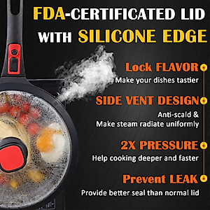 DIIG Nonstick Frying Pan Skillet with Silicone Lid, 10 Inch Saute Pan Omelet Sauce Pan Red Cookware, Oven Safe Chef Pan for Cooking with Detachable Handle, Induction Gas All Stoves Compatible