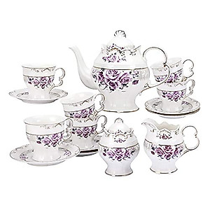 fanquare 15 Piece Porcelain Tea Set for Adults, Wedding Tea Service, Large British Teapot with Cups, Purple Rose