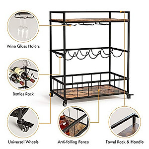 Industree Serving Cart on Wheels, 3-Tier Bar Cart with Wine Rack, Modern Wood and Metal Portable Coffee Cart Table for Home, Romantic Rustic Brown and Elegant Black, Family Party Cart(Max)