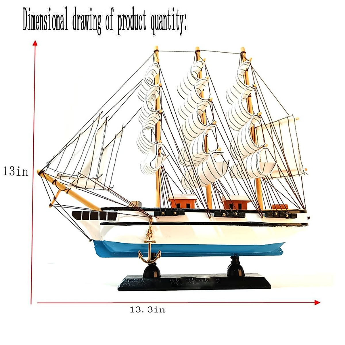 Smooth sailing boat model Mediterranean sailing boat wooden sailing boat furniture decoration room decoration (main white)