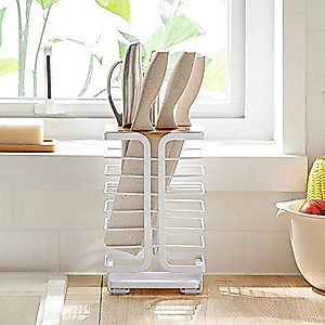 CUJUX Stainless Steel Kitchen Knife Holder White Universal Metal Wood Bamboo Knife Block Rack Multifunction Storage Stand Organizer(Without knife)