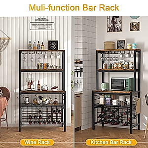 Unikito Wine Rack Table, Modern Freestanding Floor Liquor Bar Table Cabinet with Glass Rack Bottle Shelf, Industrial Wine Bar Cabinet with Storage and Hook for Home Kitchen Dining Room, Rustic Brown
