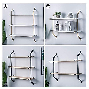 PIBM Stylish Simplicity Shelf Wall Mounted Floating Rack Shelves Simple Iron Art Solid Wood Bookshelf Living Room Bearing Strong,2 Colours,4 Sizes, Golden Border , 60x26x104cm