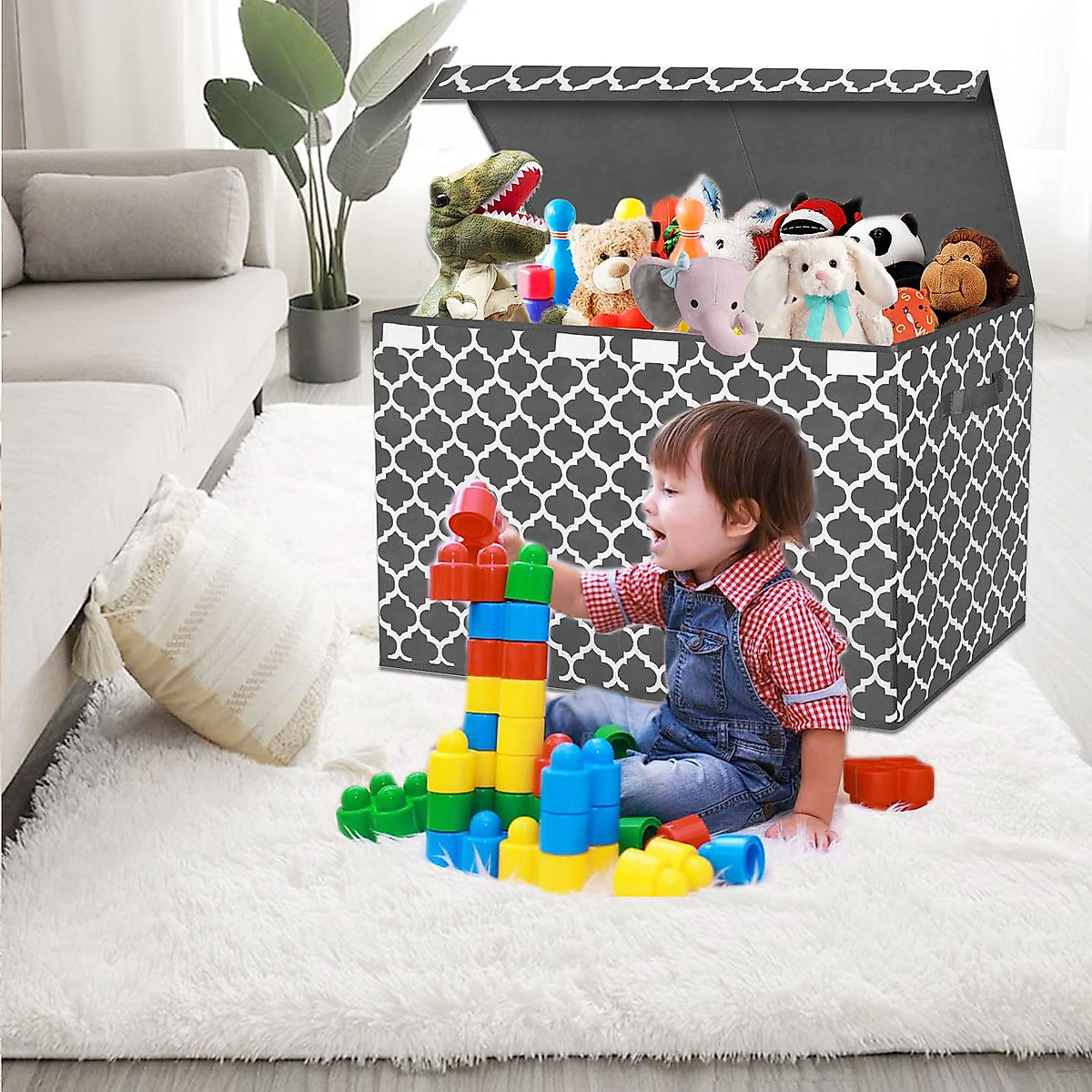 VERONLY Large Toy Box Chest Storage with Lid - Collapsible Kids Toys Boxes Organizer Bins Baskets with Handles for Boys, Girls,Nursery,Playroom,Clothes,Blanket,Bedroom(300D gray)