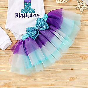 YOUNGER TREE Baby Girls 1st Birthday Mermaid Outfit Romper Headband Leggings Tutu Dress Sequin Bowknot Princess Skirt Sets (12-18 Months, White # Birthday)
