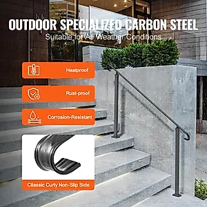 VEVOR Handrail for Outdoor Steps, 4-5 Steps Flat Outdoor Handrail, Adjustable Wrought Iron Staircase Handrail, Thickened Stair Railings for Porch Railing, Deck Handrail