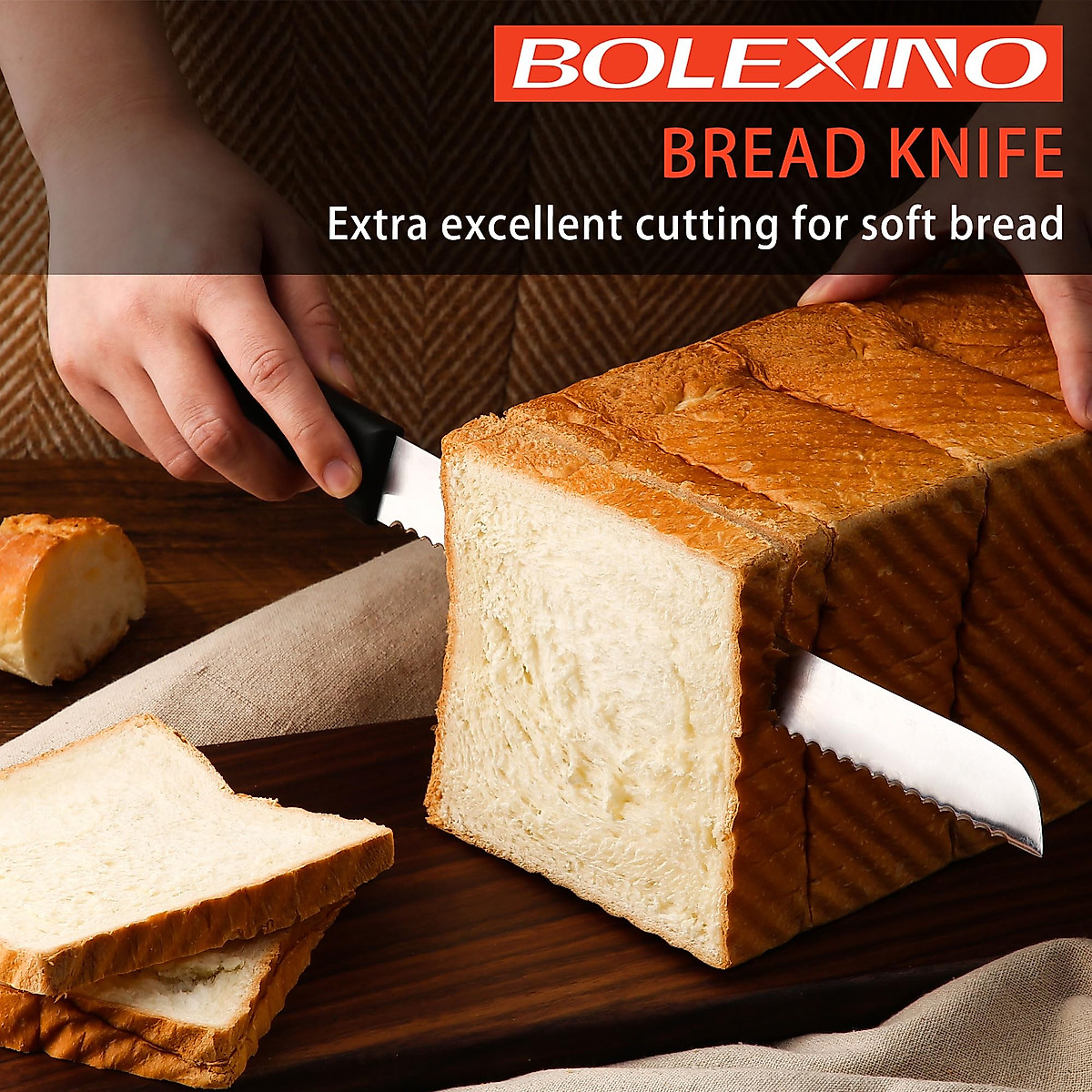 BOLEXINO 10 Inch Serrated Knife for Homemade Bread, Stainless Steel Bread Knife W/Wide Wavy Edge, Multi-Purpose Kitchen Knife, Efficient Cake Slicer, Sharp for Cutting (Black Handle)